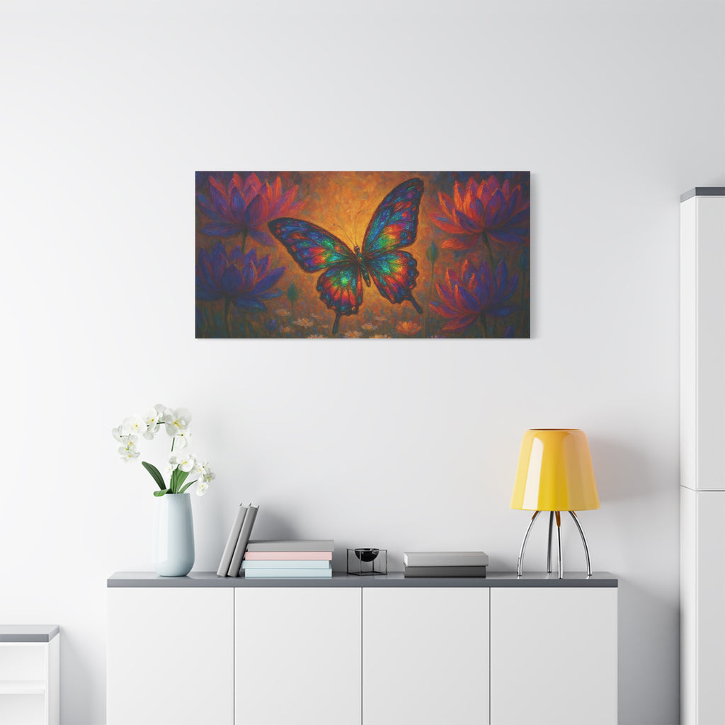 Butterfly Garden Canvas Wall Art – Vibrant Rainbow Butterfly with Lotu ...