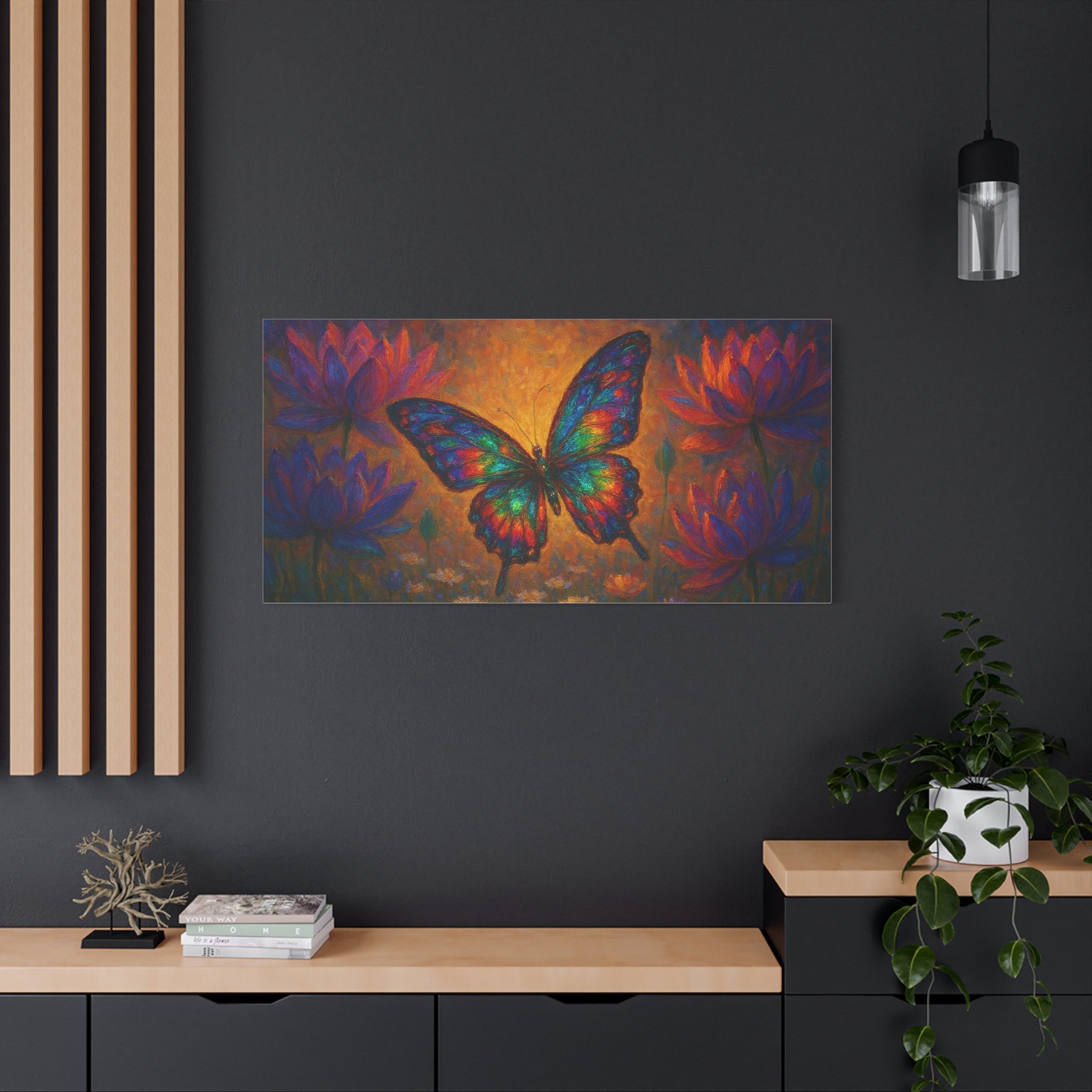 Butterfly Garden Canvas Wall Art – Vibrant Rainbow Butterfly with Lotu ...